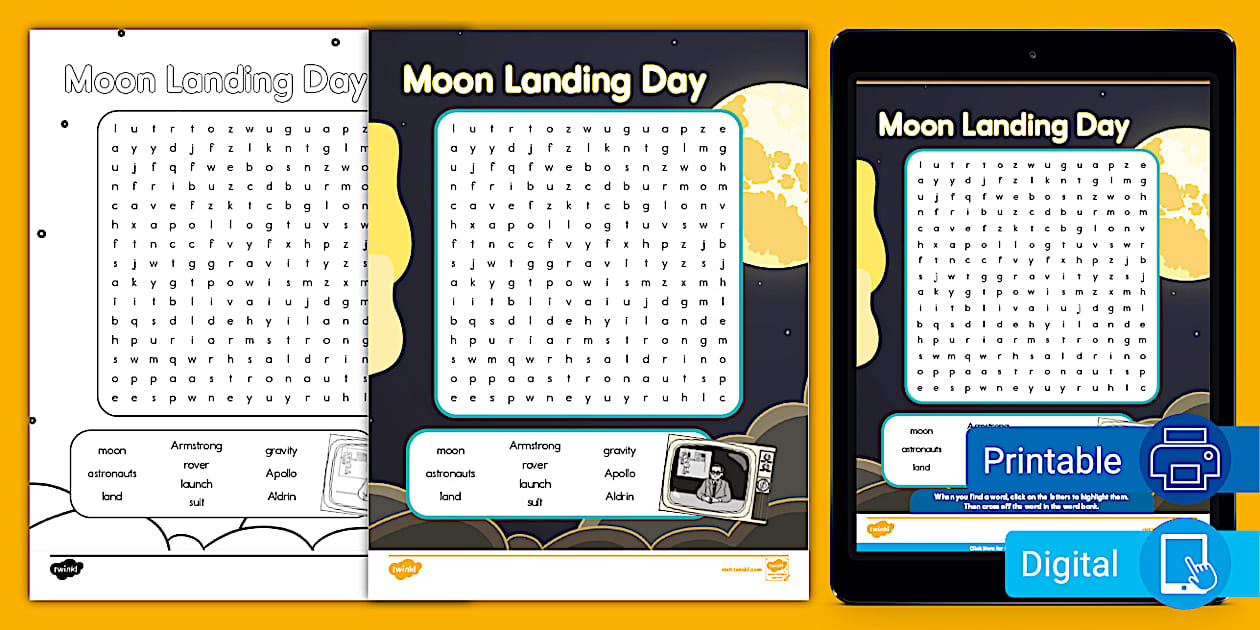 Moon Landing Day Word Search for K-2nd Grade | Twinkl USA
