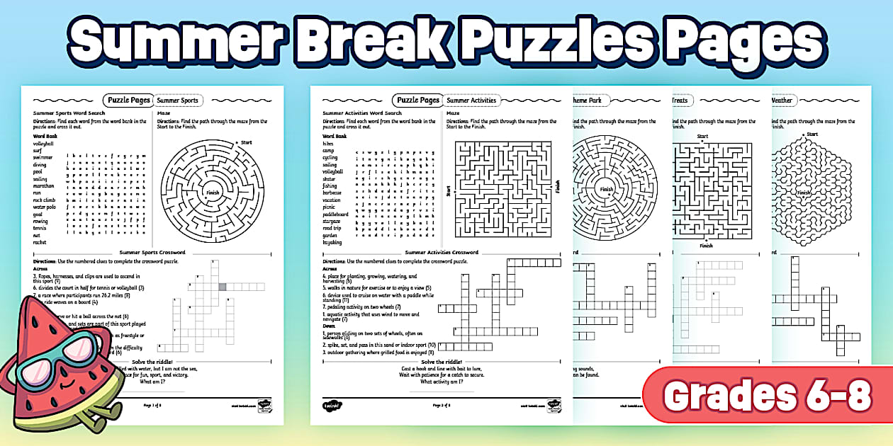Summer Break Puzzles Pages for 6th-8th Grade