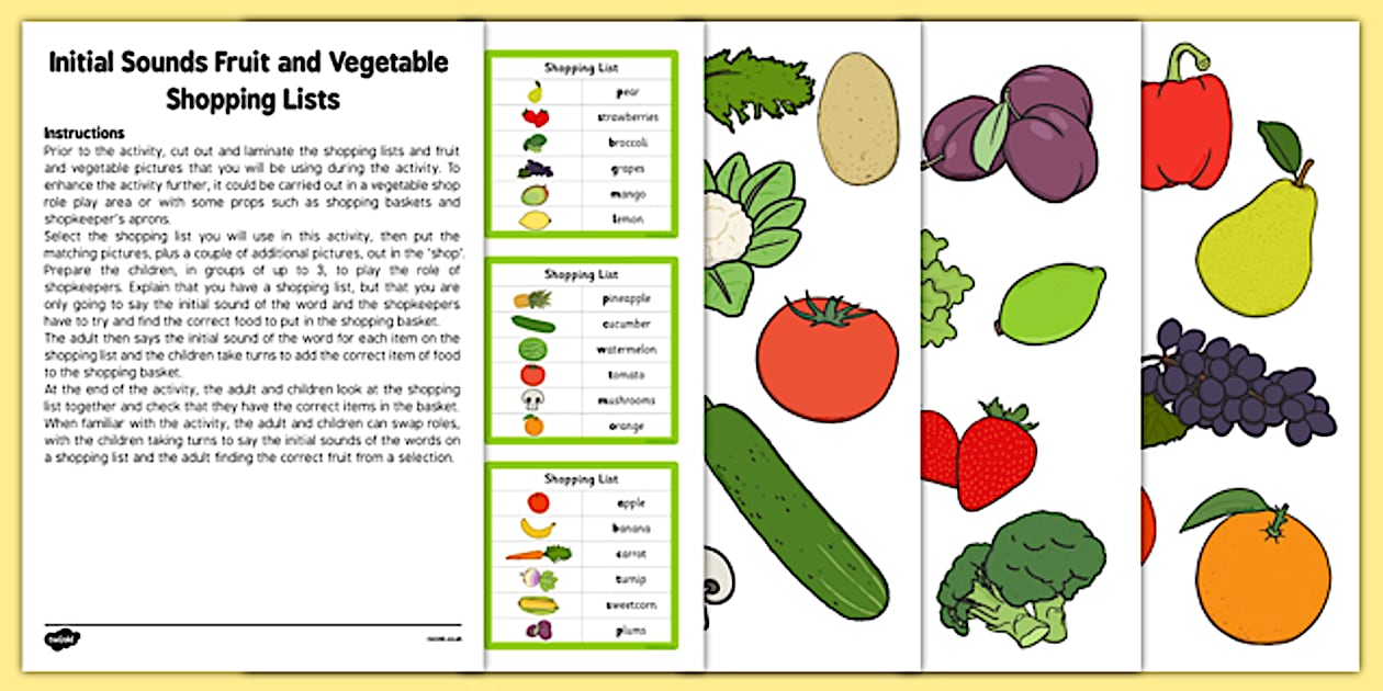 Black and White Initial Sounds Fruit and Vegetable Shopping Lists Activity
