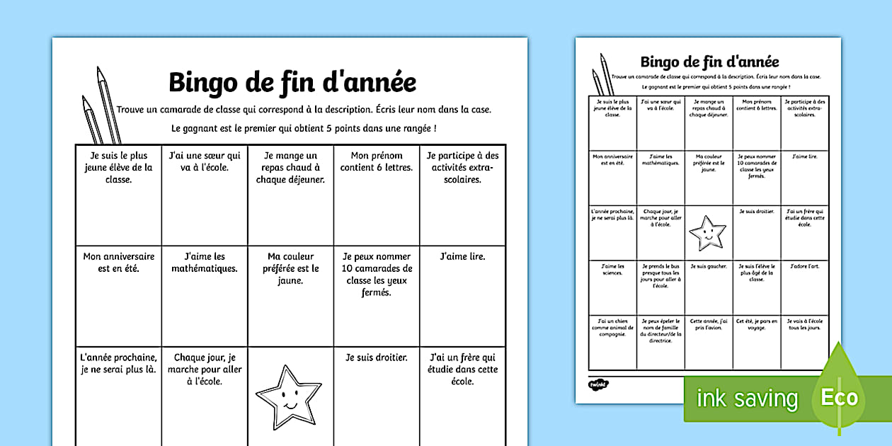 Feuille d'activités : Bingo - dernier jour de classe