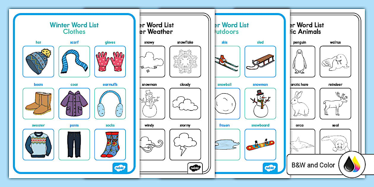 Kindergarten Winter Word List Writing Center Posters
