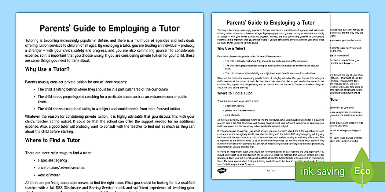 Parents' Guide to Finding a Tutor Parent and Carer Information Sheet
