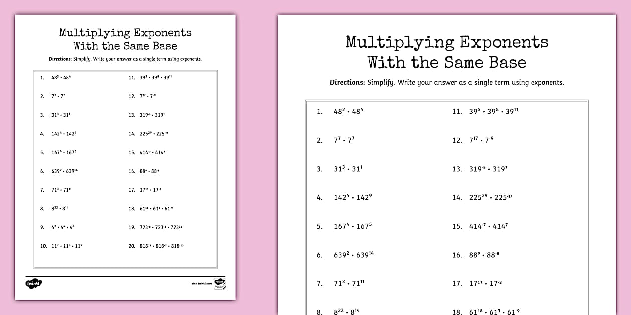 Eighth Grade Multiplying Exponents With the Same Base Practice