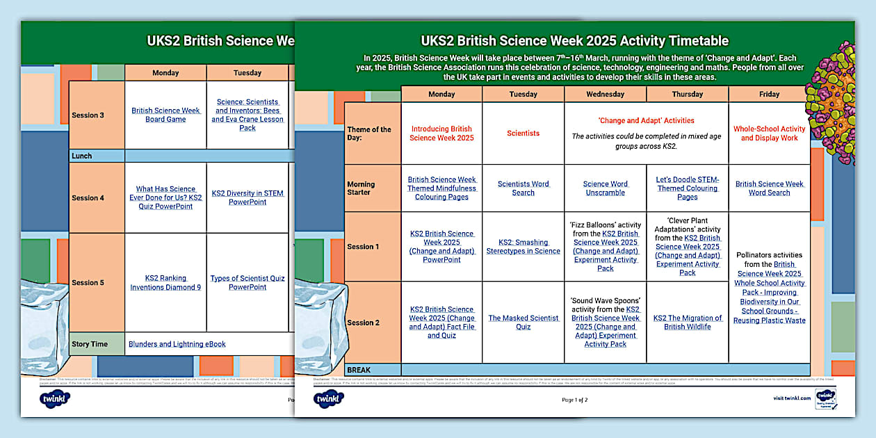 UKS2 British Science Week 2025 (Change and Adapt) Timetable