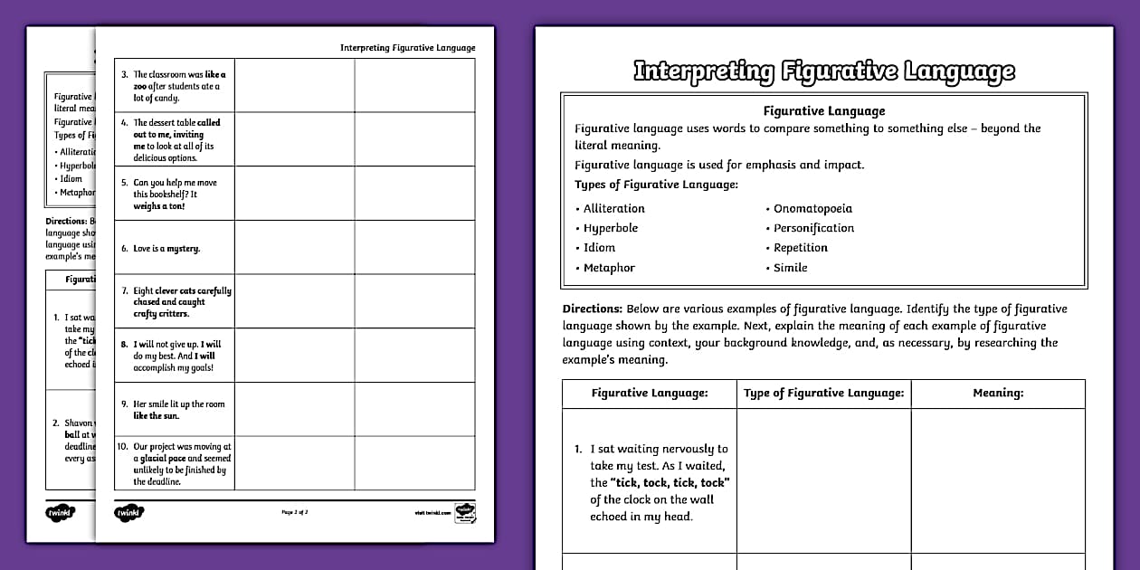 Interpreting Figurative Language Worksheet for 6th-8th Grade