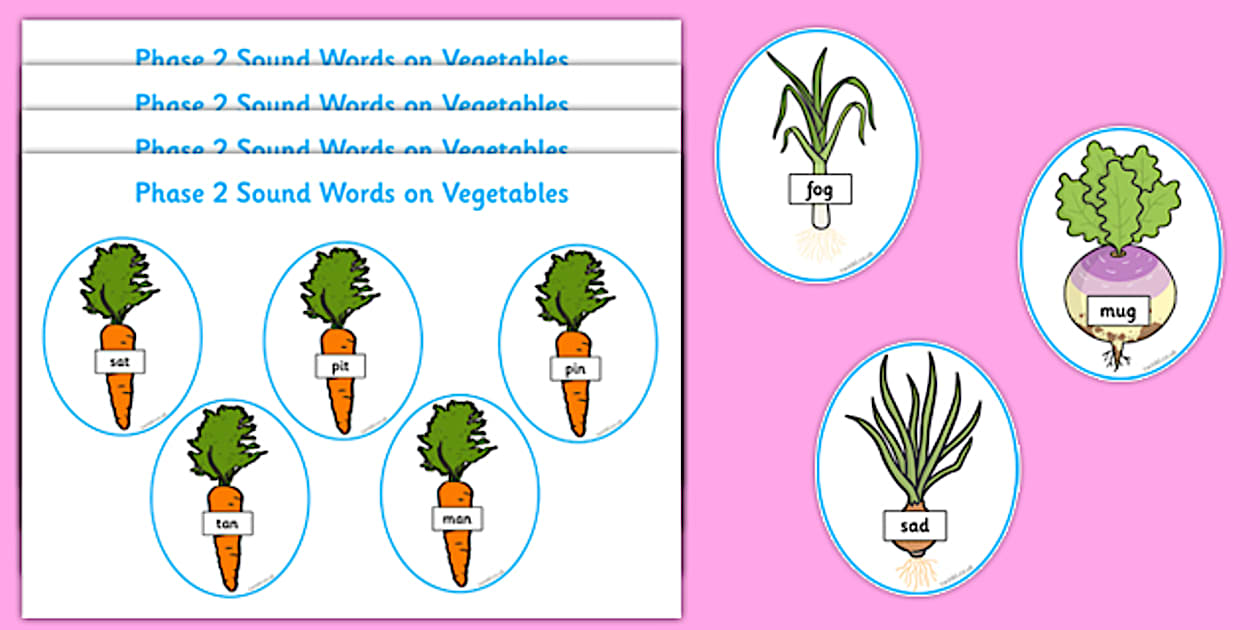 Phase 2 Sound Words on Vegetables Word Cards (Teacher-Made)