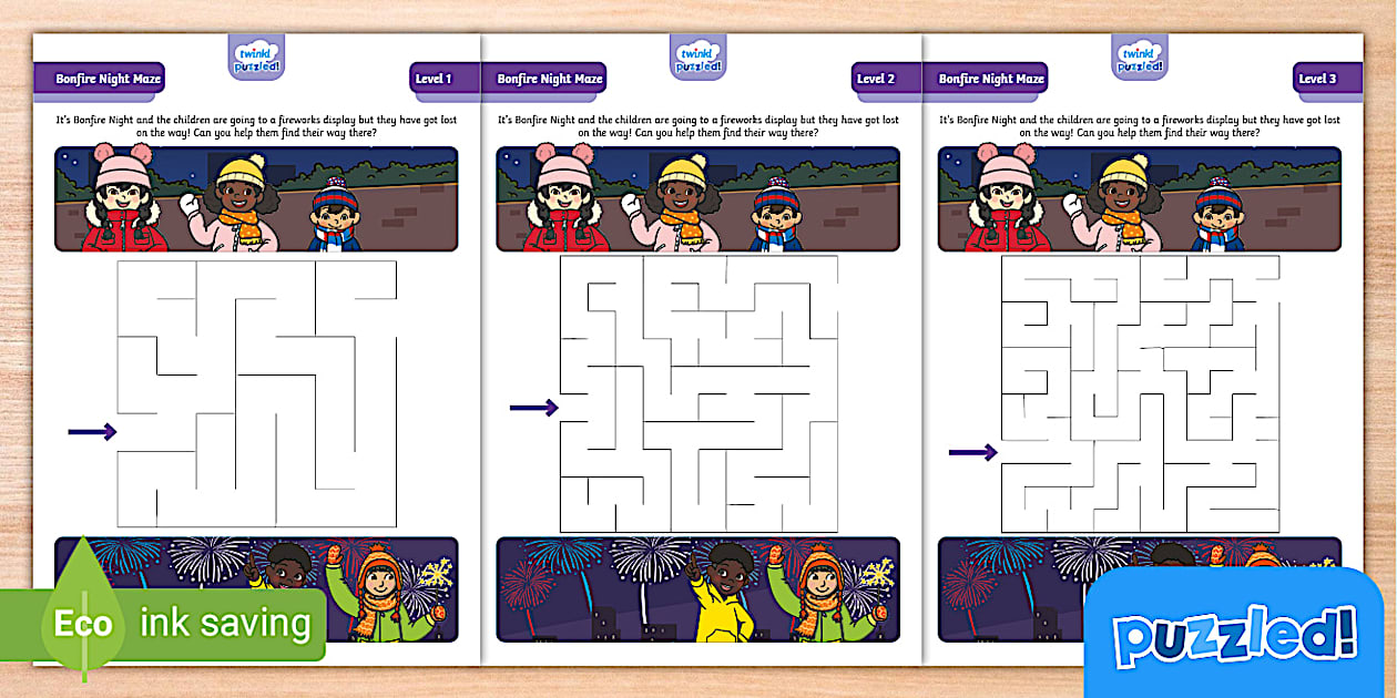 Fun Bonfire Night Maze Puzzle Pack - AL - Twinkl Puzzled
