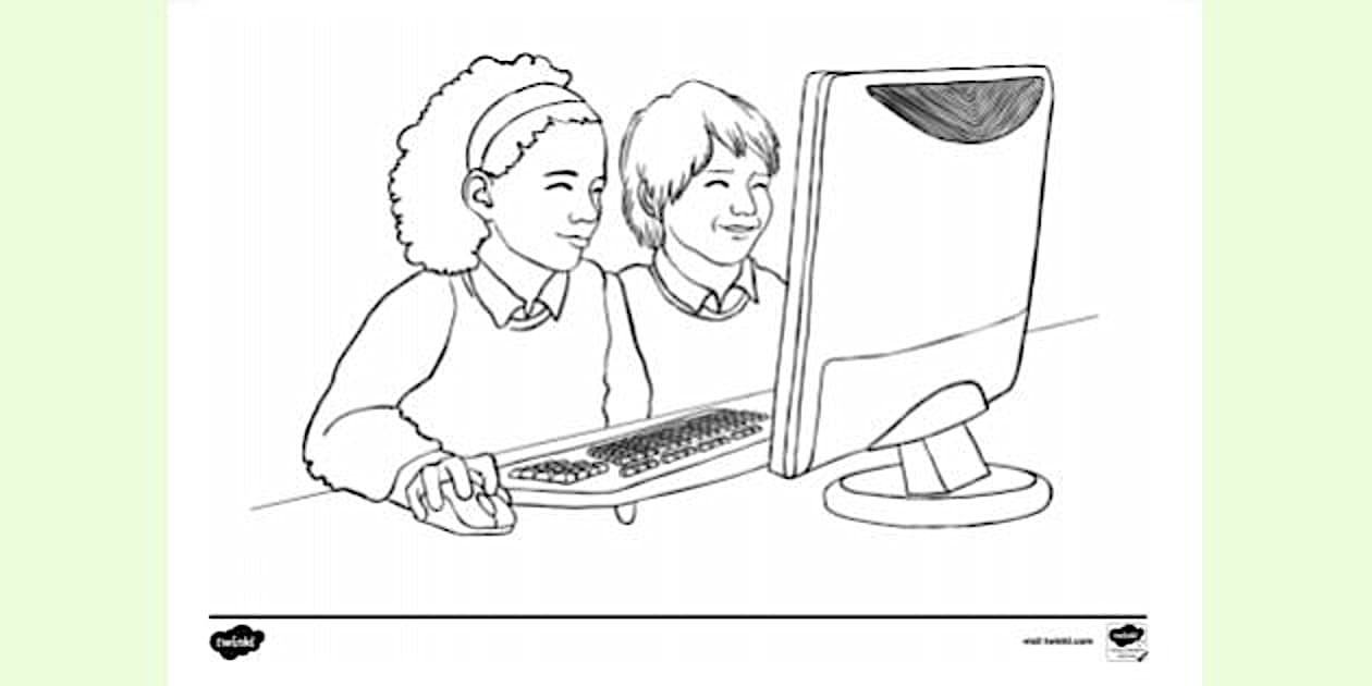 Children Researching on Computer Colouring Sheet - Twinkl