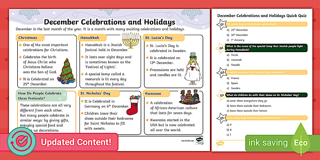 KS1 December Celebrations and Holidays Fact File