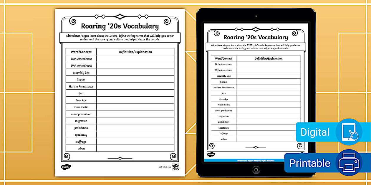 Roaring 20s Vocabulary Worksheet for 6th-8th Grade - Twinkl