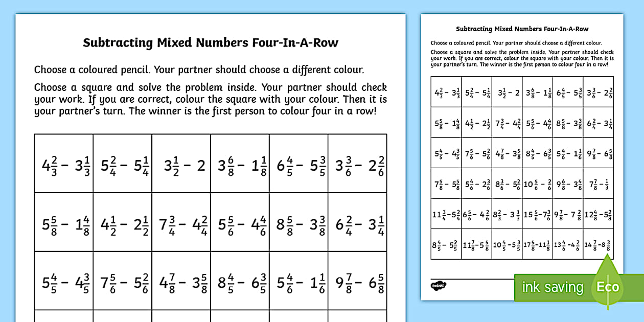Subtracting Mixed Numbers 4-in-a-Row Game - Twinkl