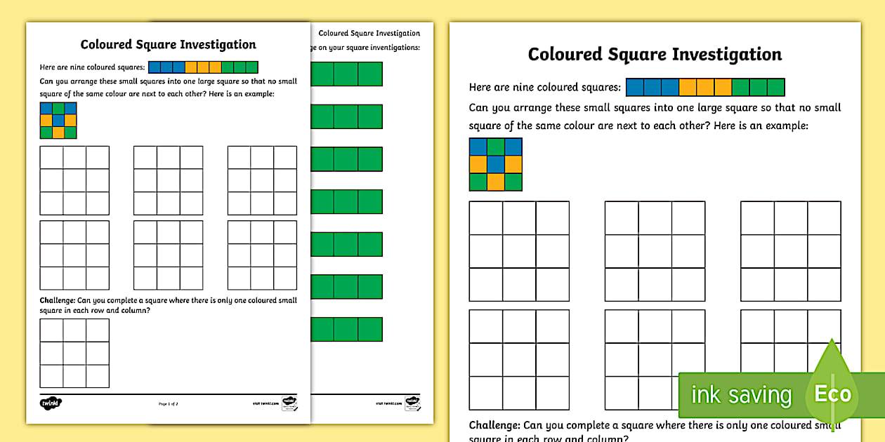 Coloured Square Maths Investigation Worksheet (teacher made)