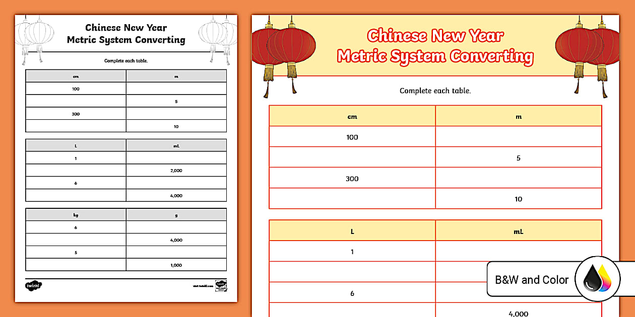 Fourth Grade Chinese New Year Math Metric System Converting