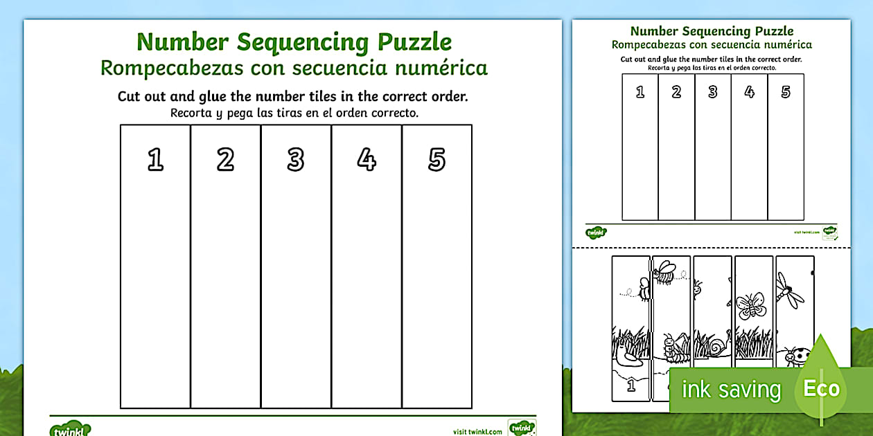 Black and White Minibeast Themed Number Sequencing Puzzle English/Spanish