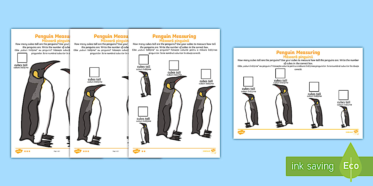 Black and White Penguin Measuring with Cubes Differentiated Worksheet