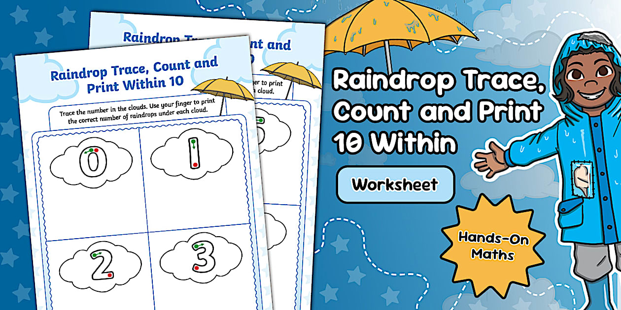 👉 Raindrop Trace, Count and Print Within 10 Worksheet
