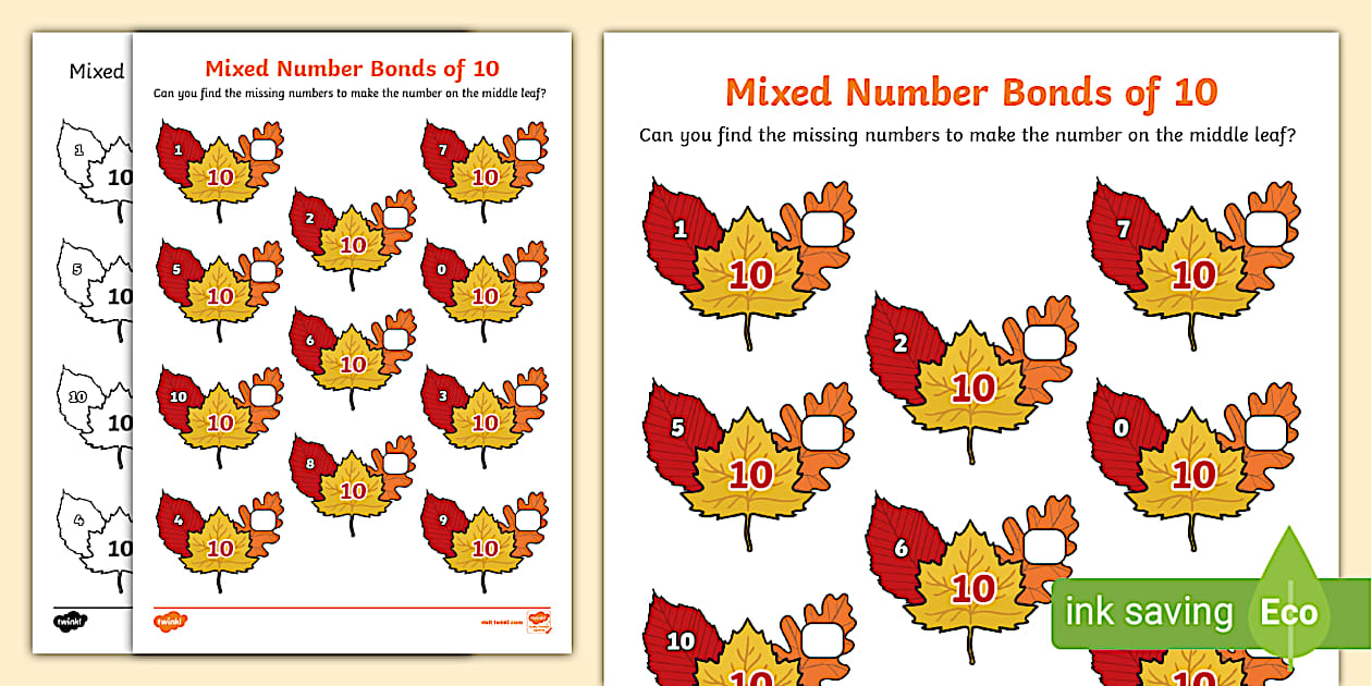 Editable Autumn Leaf Mixed Number Bonds of 10 Worksheet