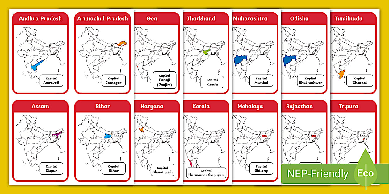 Indian States and Union Territories Map Flash Cards - Twinkl