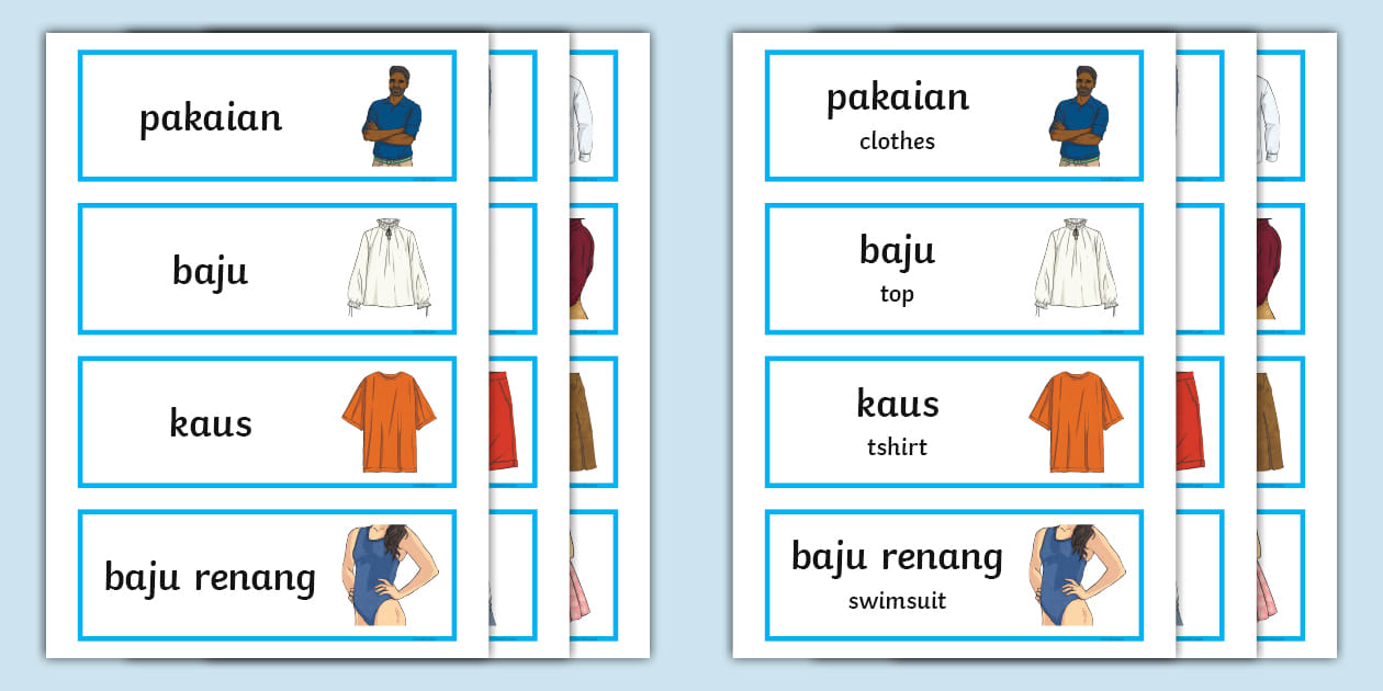 Clothes and Accessories Word Cards - Indonesian