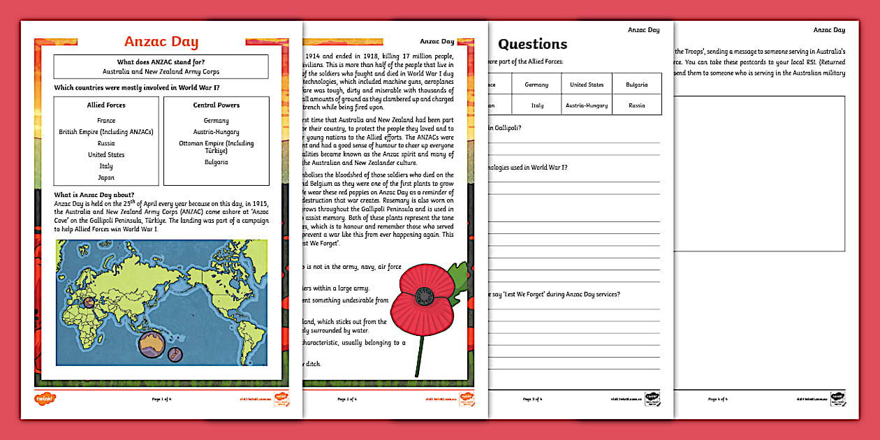Anzac Day for Older Students Reading Comprehension Activity