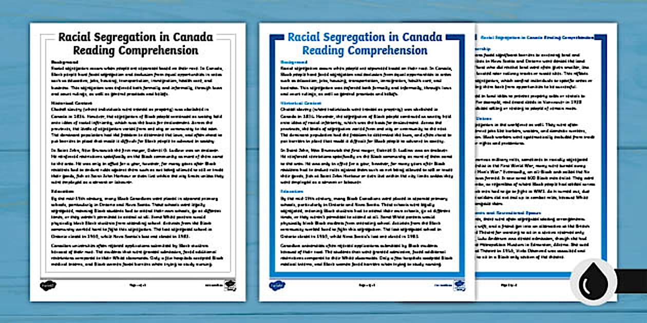 Racial Segregation in Canada Reading Comprehension (grade 8)