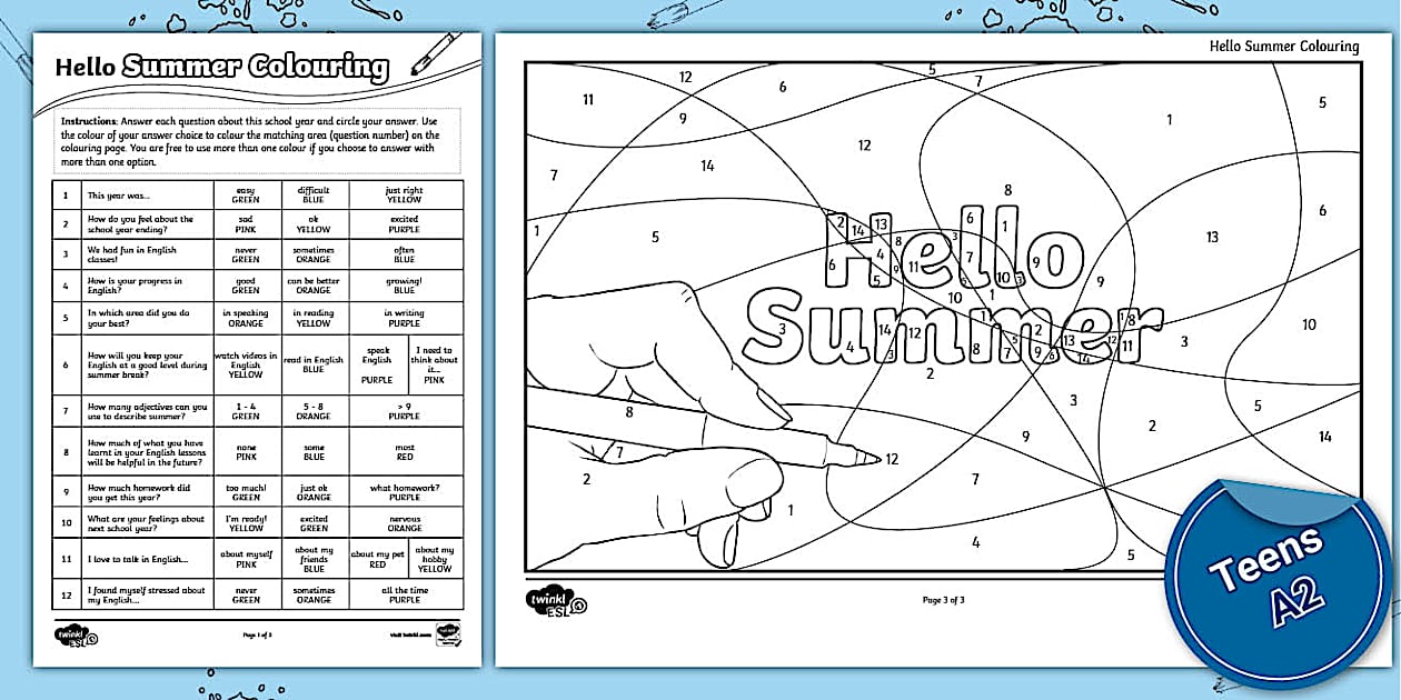 ESL Hello Summer Reflection Colouring [Teens, A2] - Twinkl