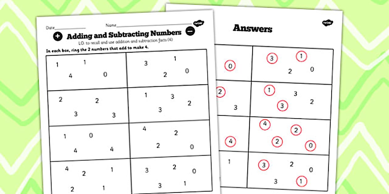 Number Facts to 20 Find Pairs to 4 Worksheet (teacher made)