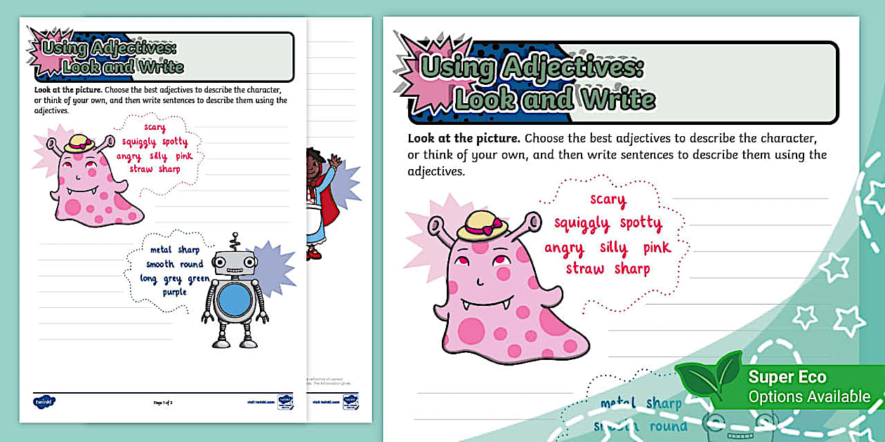 Adjectives Activity Sheet: Look and Write (teacher made)
