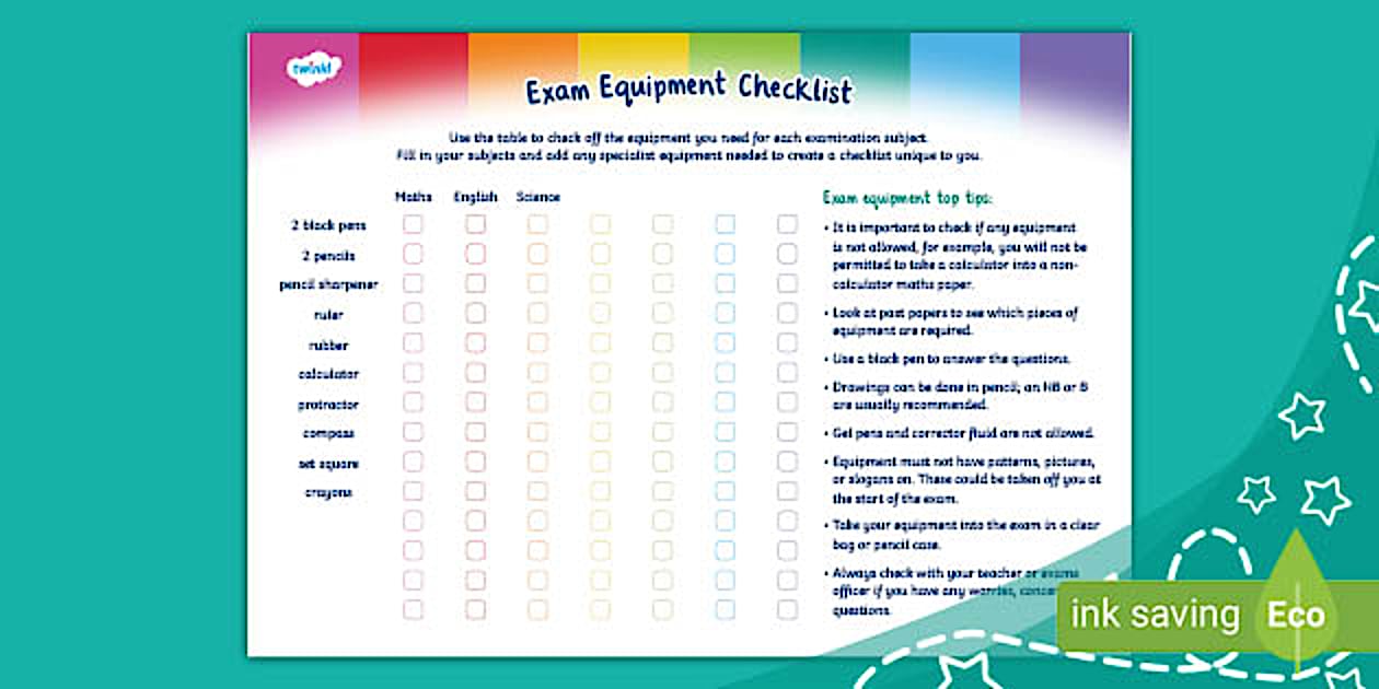 Exam Preparation: Exam Equipment Checklist (teacher made)