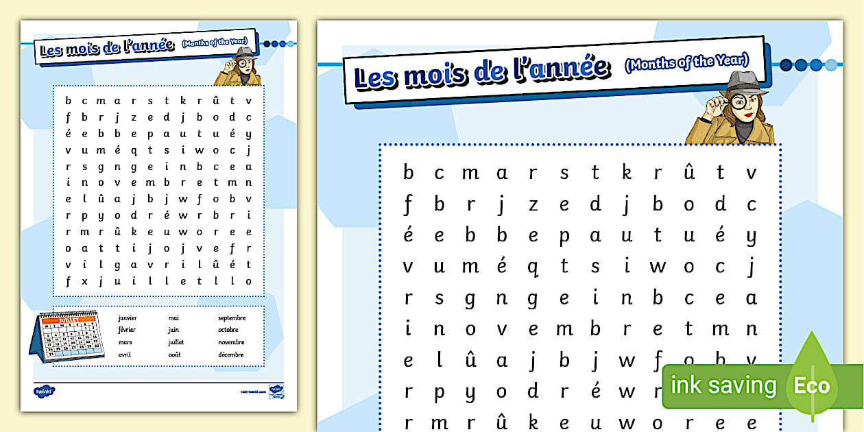 French: Months of the Year Word Search