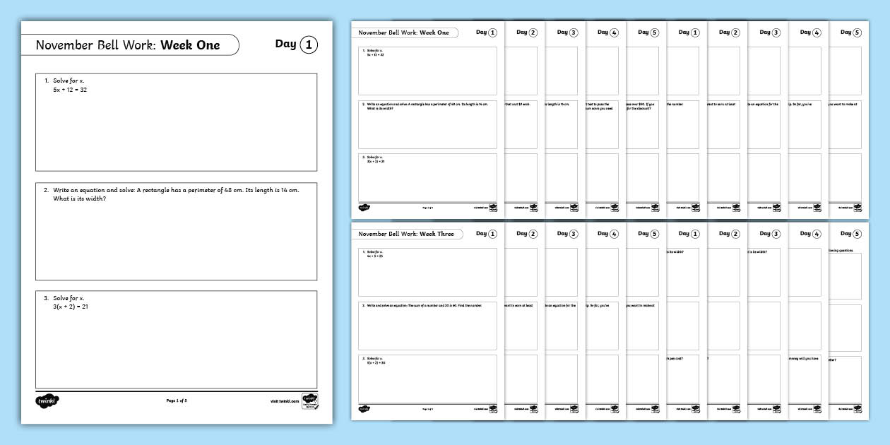 Seventh Grade Math November Bell Work Bundle - Twinkl