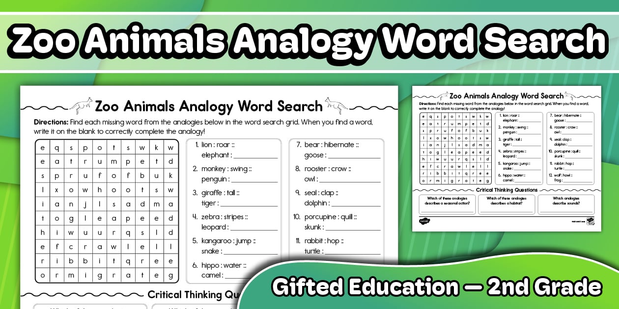 Zoo Animals Analogy Word Search for Gifted Education