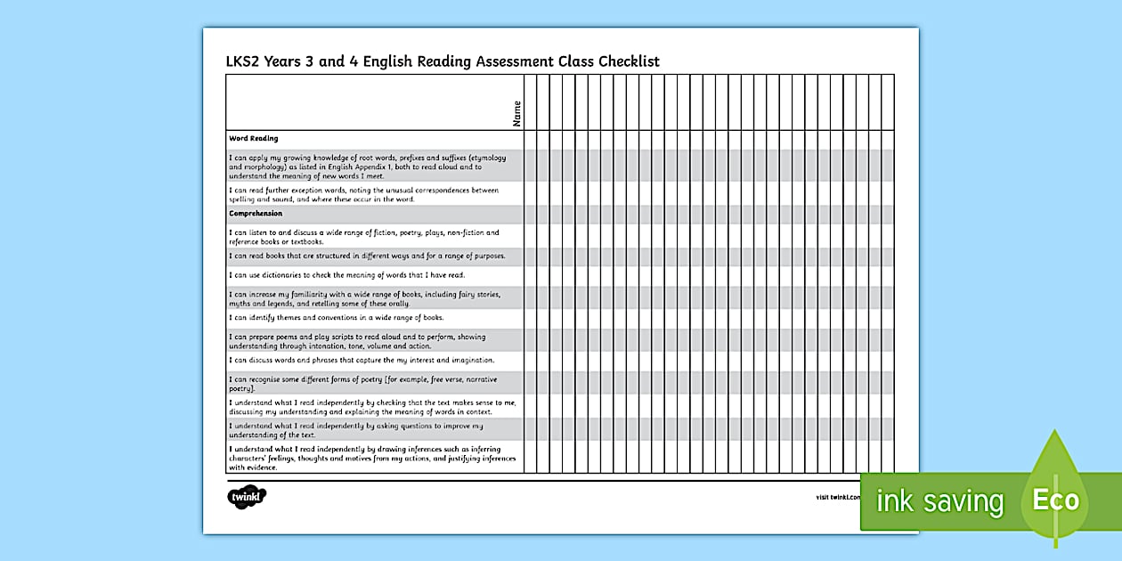 Editable 2014 Curriculum LKS2 Years 3 and 4 Reading Assessment Class ...