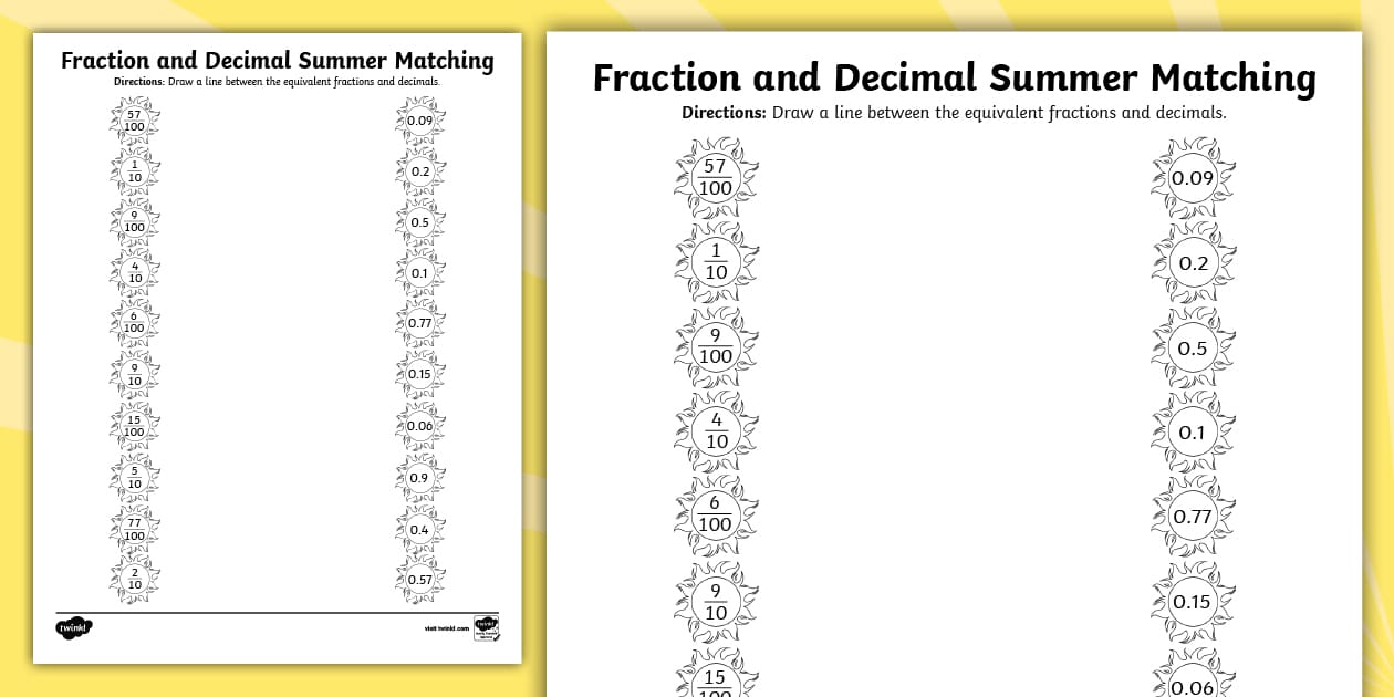 Fourth Grade Fraction and Decimal Summer Matching Worksheet
