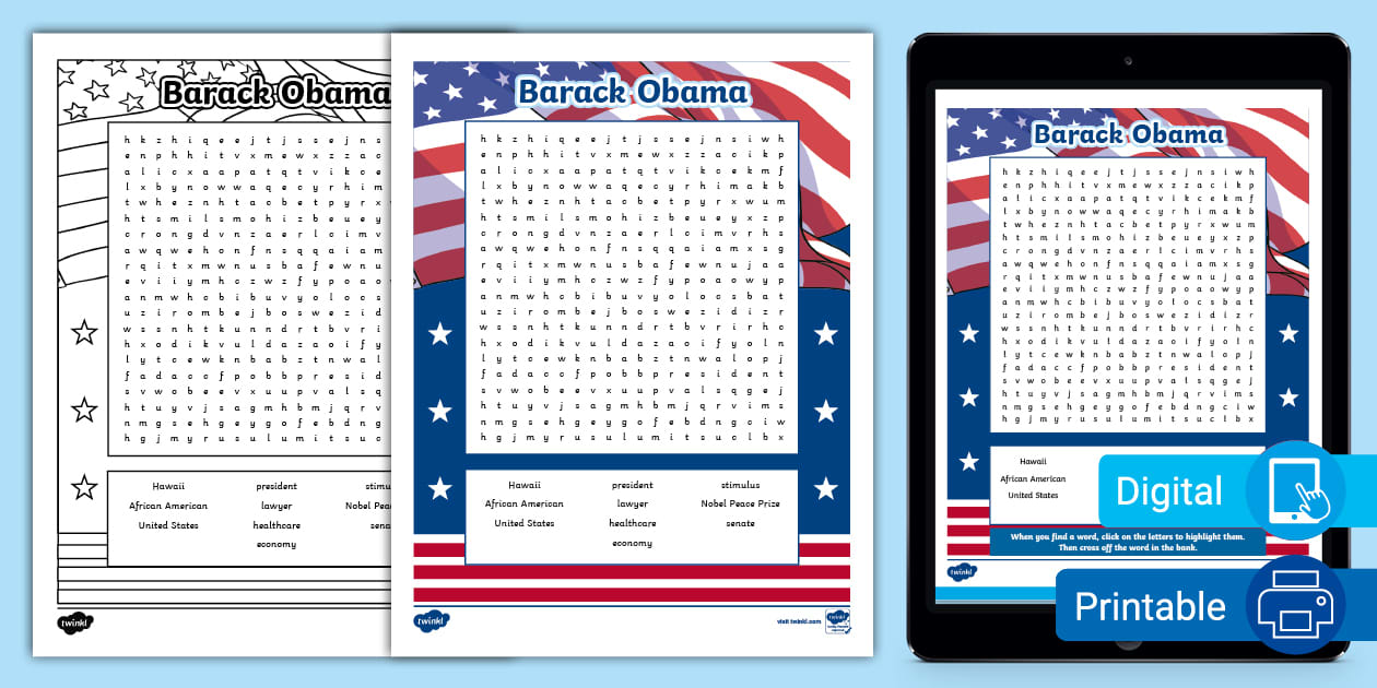 Barack Obama Word Search for 3rd-5th Grade - Twinkl