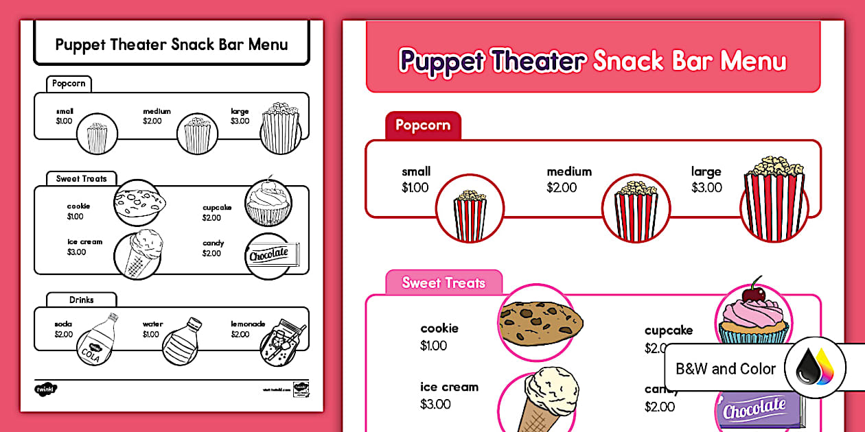 Puppet Theater Dramatic Play Snack Bar Menu Sign - Twinkl