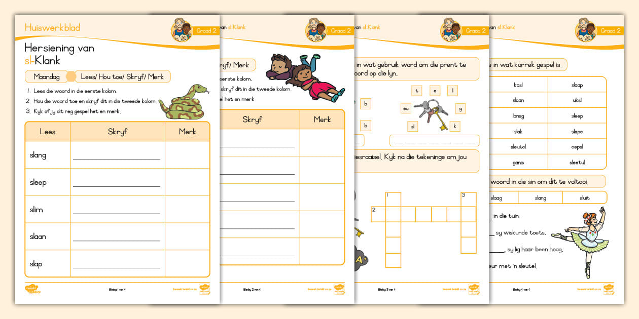 Graad 2 Huiswerkblad sl-Klank (Teacher-Made) - Twinkl