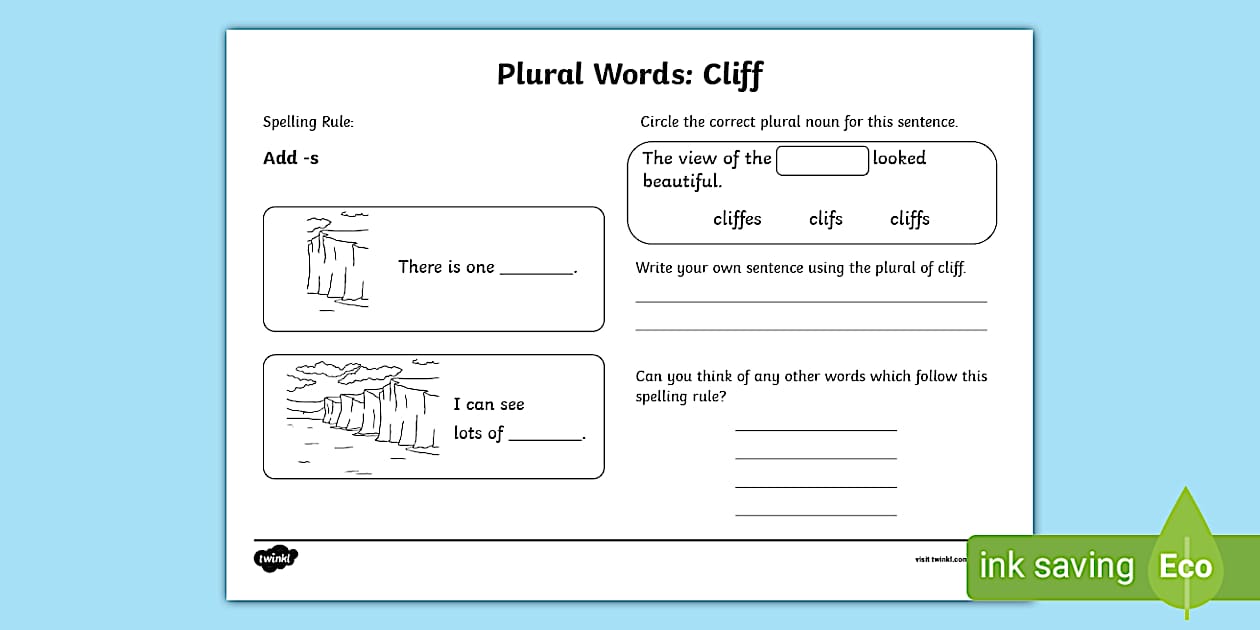 Plural Words - Cliff Worksheet (teacher made) - Twinkl