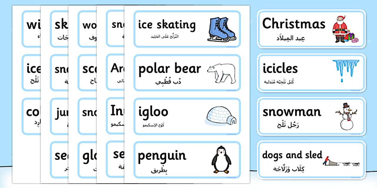 Winter Topic Word Cards Arabic Translation (Lehrer gemacht)