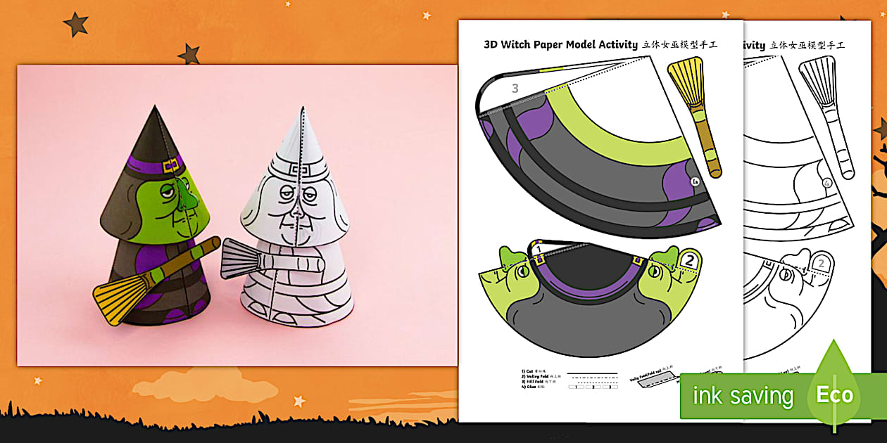 Simple Halloween 3D Witch Paper Model Activity English/Mandarin Chinese