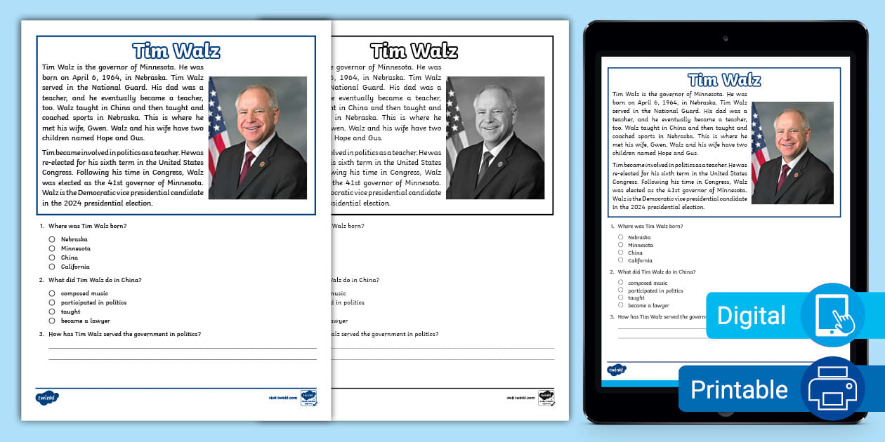 Third Grade Tim Walz Reading Passage Comprehension Activity
