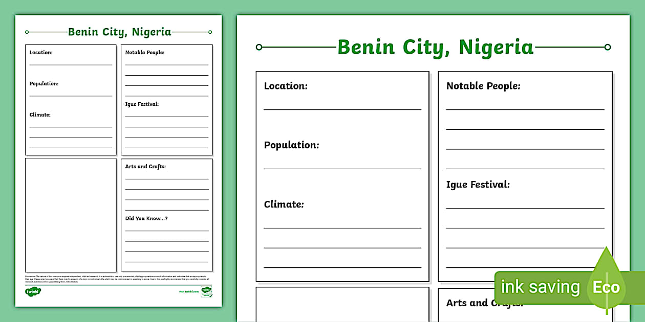Benin City Nigeria Fact File Template (teacher made)