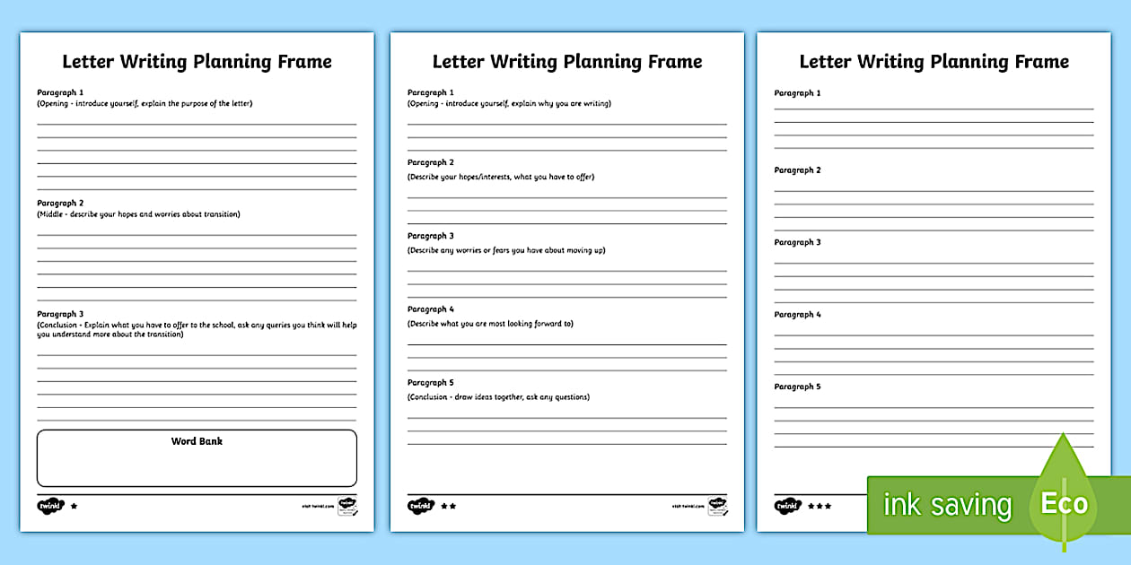 Transition Letter Writing Differentiated Planning Frame - Year 6 to Year 7