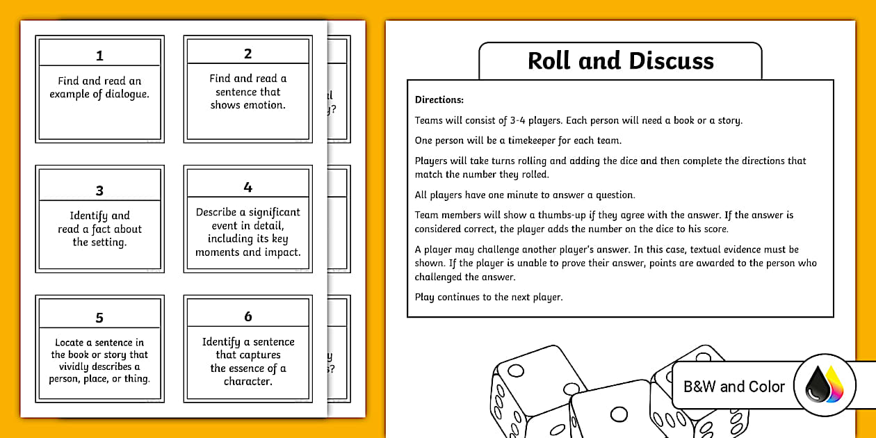 Roll and Discuss Comprehension Worksheet for 6th-8th Grade
