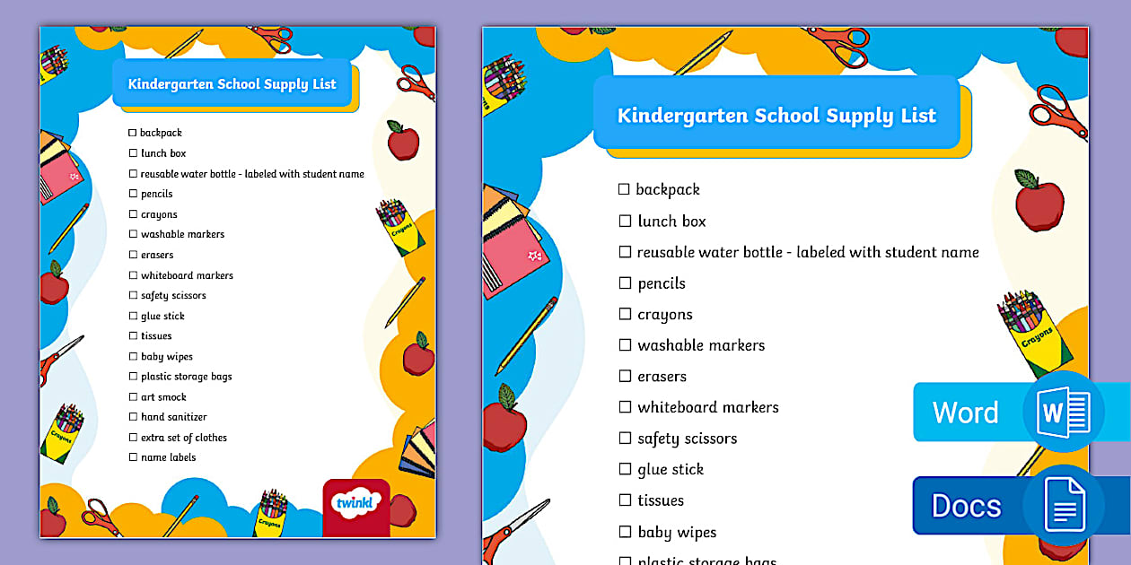 Kindergarten Editable School Supply List (teacher made)