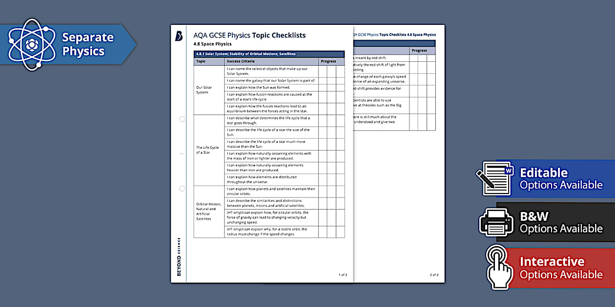 Editable Aqa Gcse Physics Topic Checklists 4 8 Space Physics
