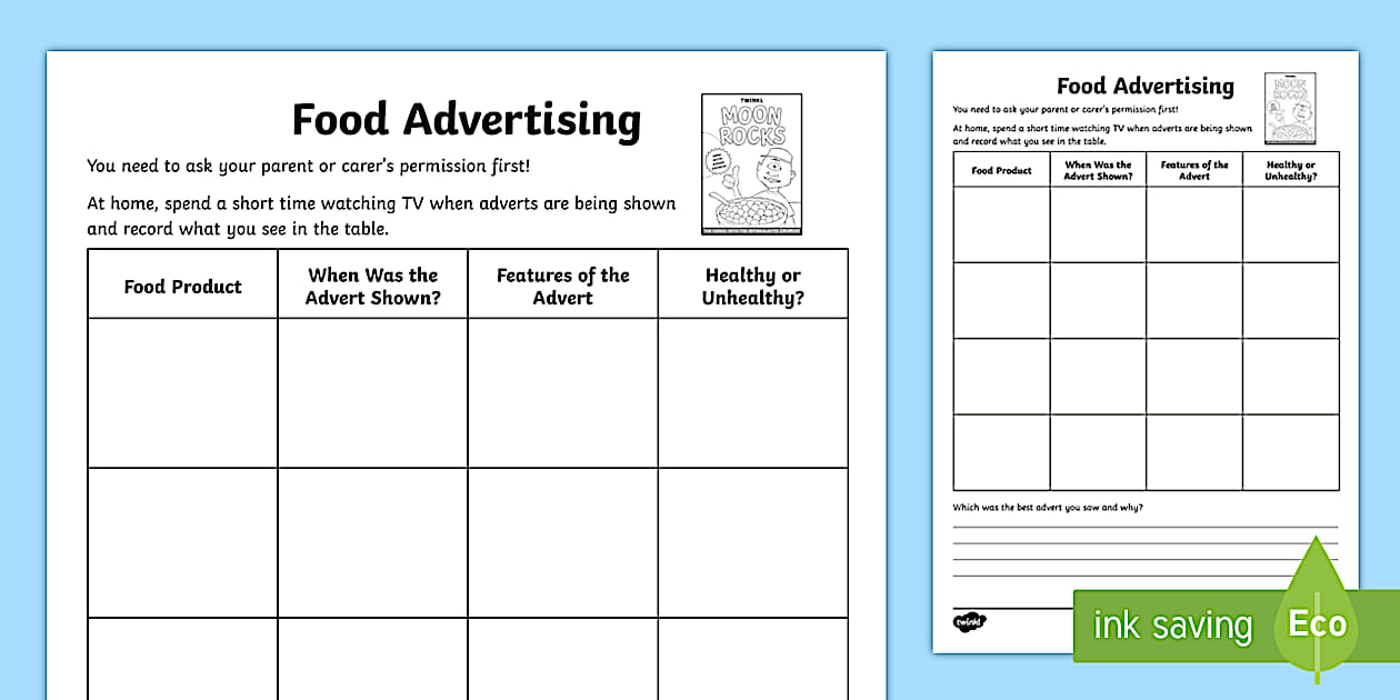 Food Advertising Homework Worksheet (teacher made) - Twinkl