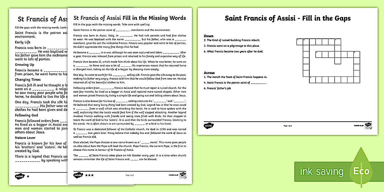 KS1 St Francis' Day, Saint Francis of Assisi Activity Pack