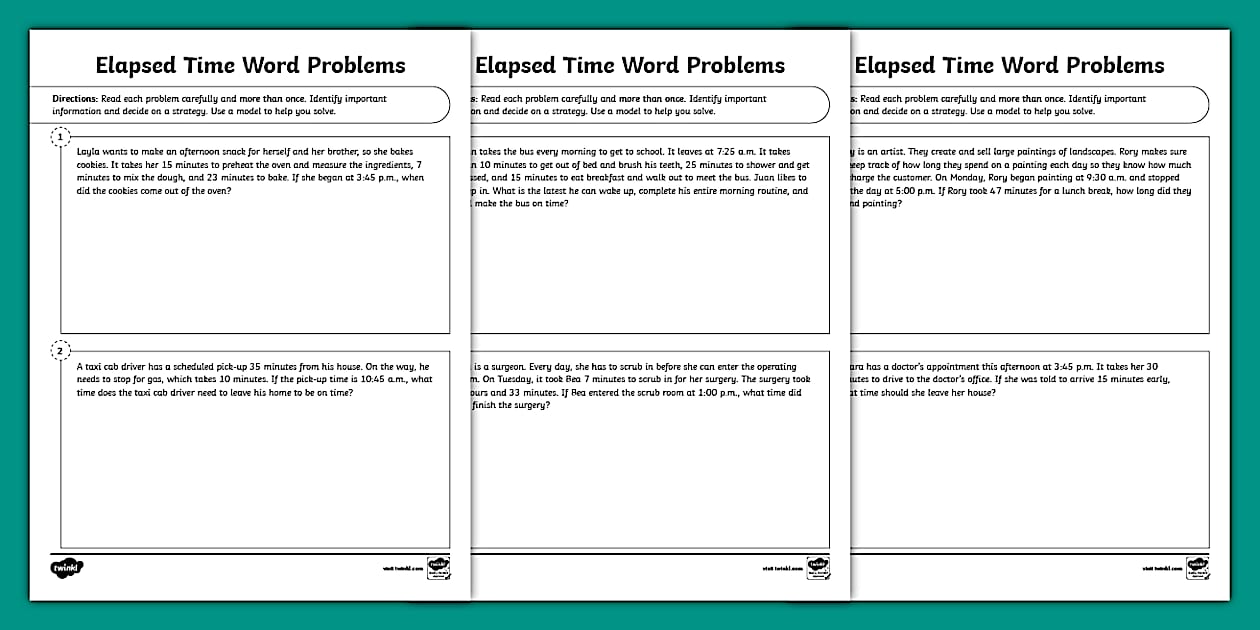 Elapsed Time Word Problems Worksheet for 3rd-5th Grade