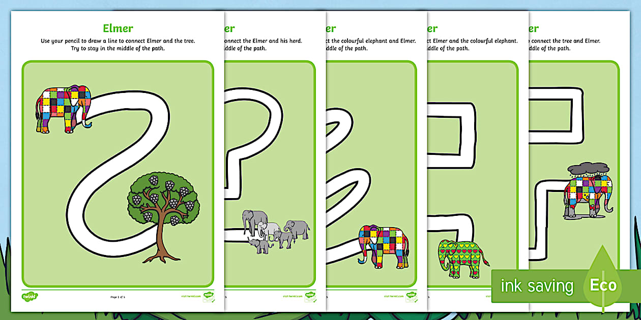 Black and White Pencil Control Path Worksheets to Support Teaching on Elmer